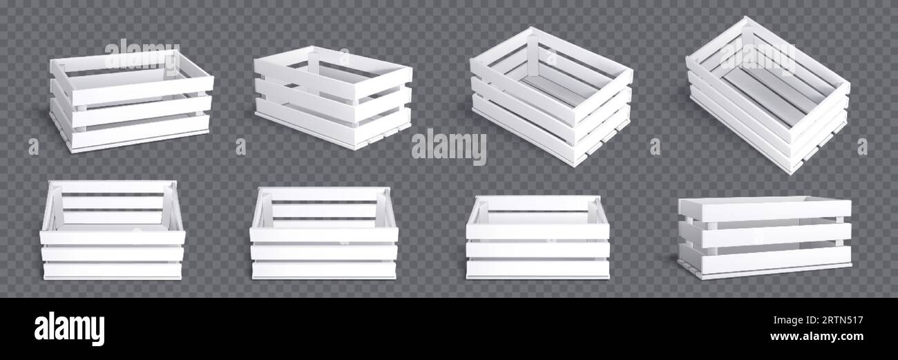 White wooden crate box. 3d empty fruit farm pallet vector. Realistic ...