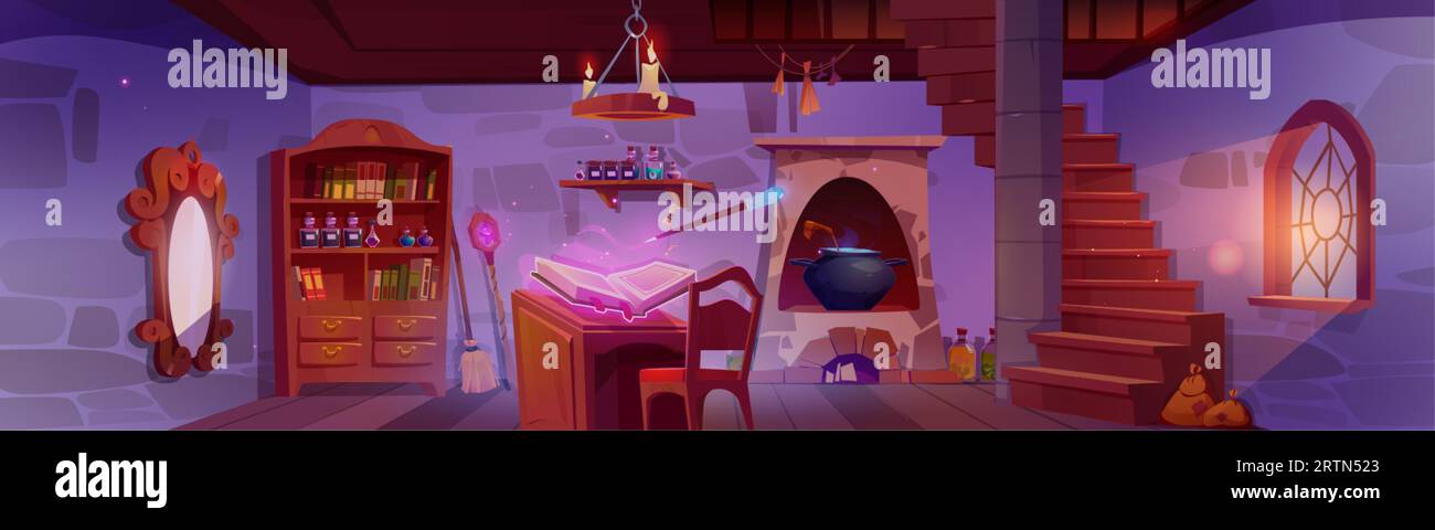 Medieval dungeon room with cauldron in stove. Vector cartoon ...