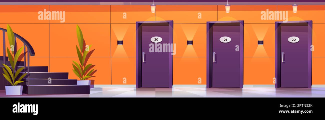 Hotel corridor with closed doors. Vector cartoon illustration of ...