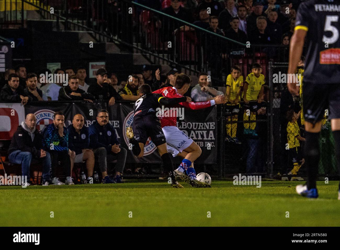 Sunshine North, Australia. 14 September, 2023. Adrian Zahra tackles ...