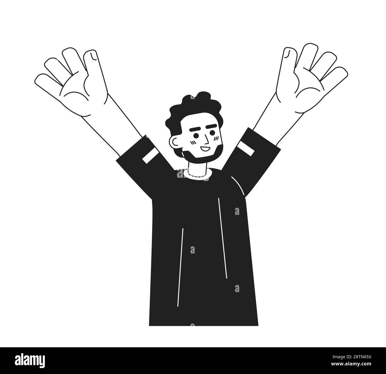 Happy Indian Man Raising Hand Monochromatic Flat Vector Character Stock