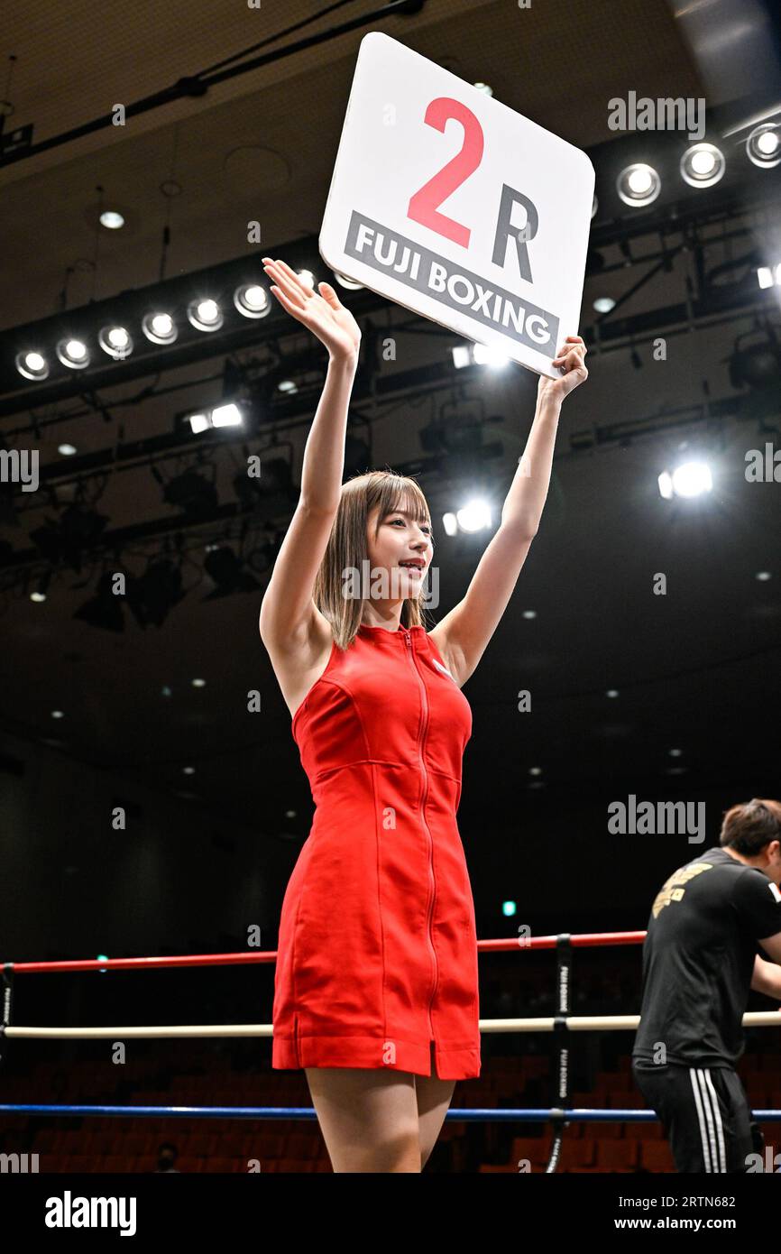 Tokyo, Japan. 12th Sep, 2023. Ring girl Risa Yukihira displays a second ...
