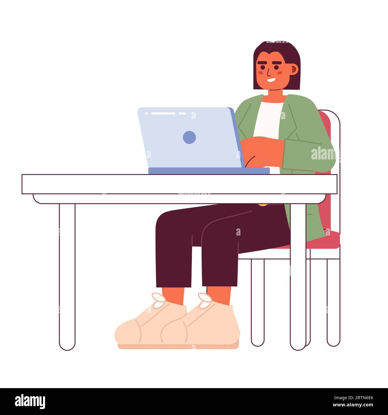 Hispanic female supervisor sitting with laptop 2D cartoon character ...