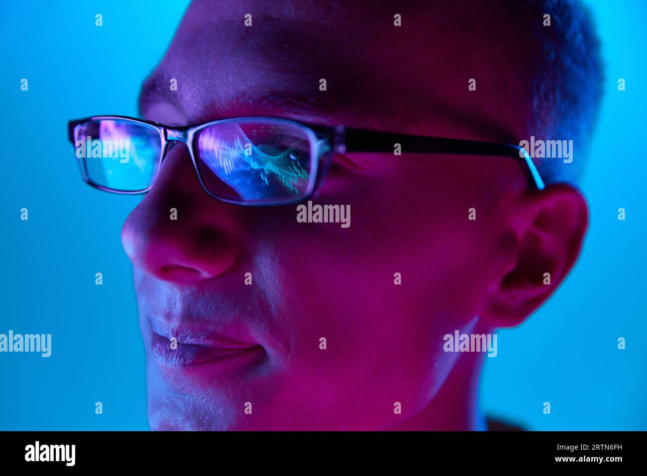 Close Up side view portrait of young handsome guy, student in glasses ...