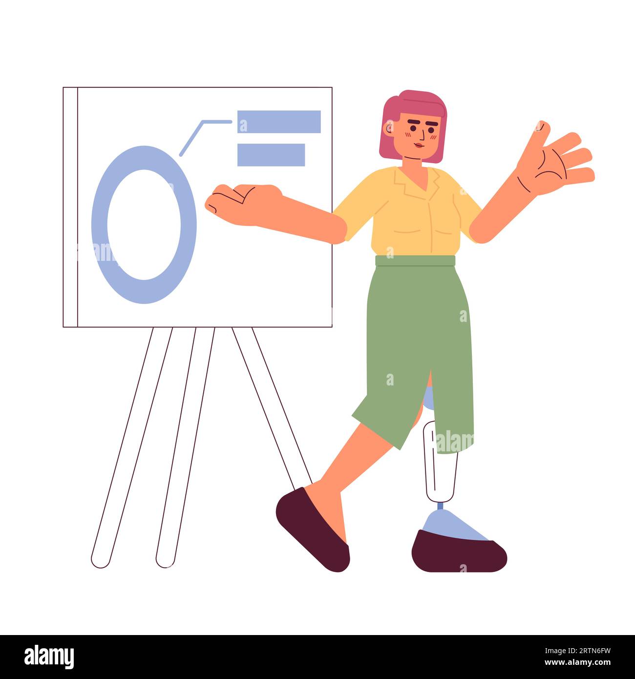 Prosthetic leg asian woman presenting diagram whiteboard 2D cartoon ...