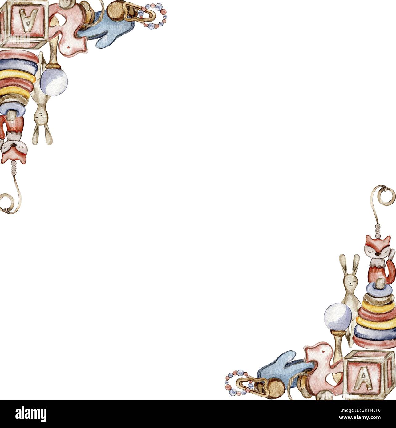 Toys frame corner composition, watercolor illustration for cards ...