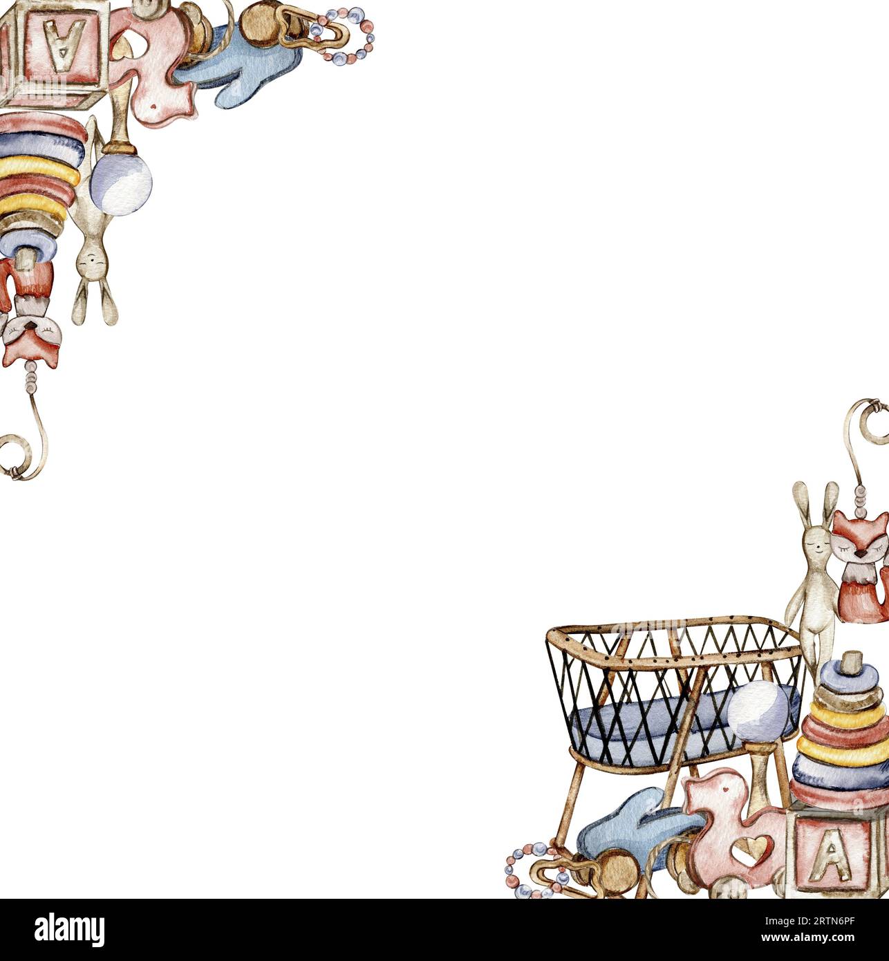 Toys frame corner composition, watercolor illustration for cards ...