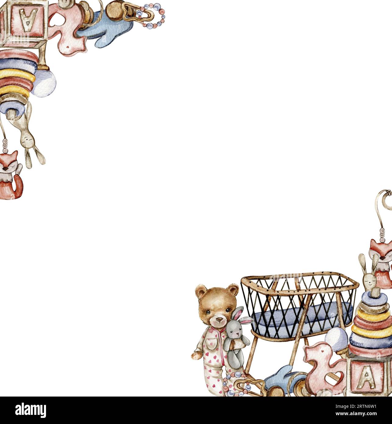 Toys frame corner composition, watercolor illustration for cards ...