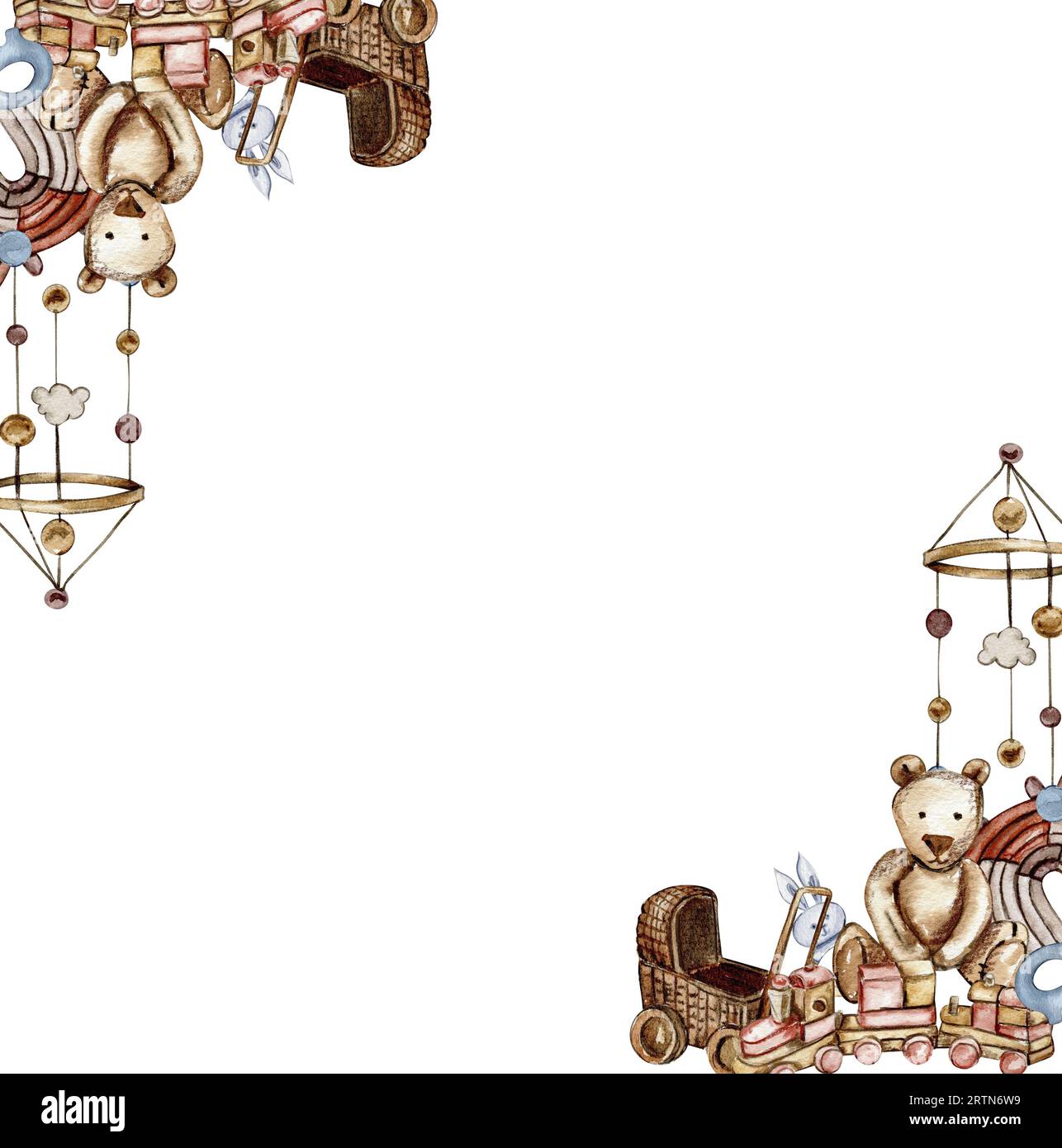 Toys frame corner composition, watercolor illustration for cards ...