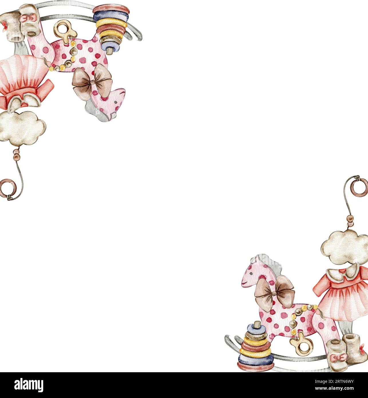 Toys frame corner composition, watercolor illustration for cards ...