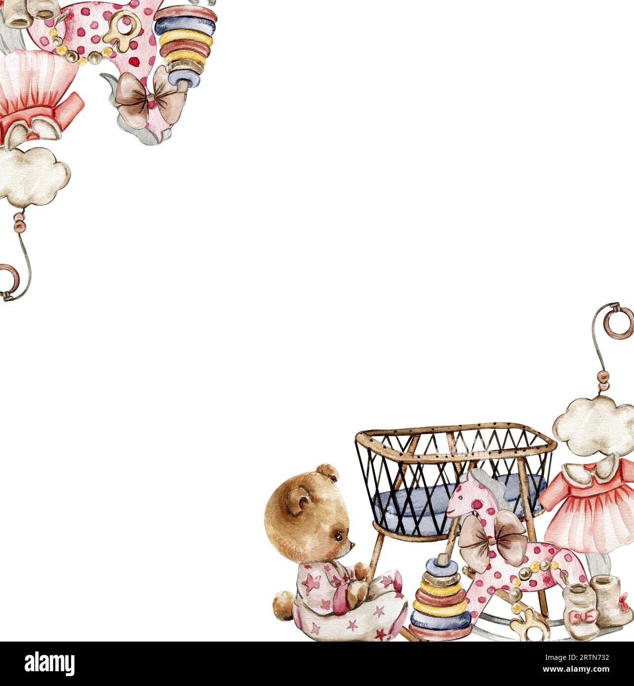 Toys frame corner composition, watercolor illustration for cards ...