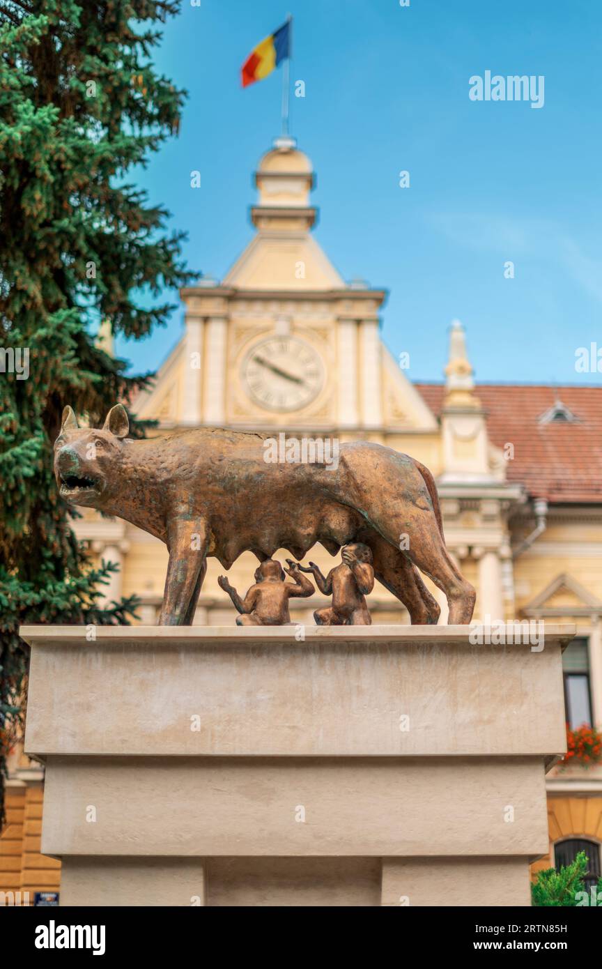 View of Capitoline Wolf monument in old Brasov centre, Romania. Town ...