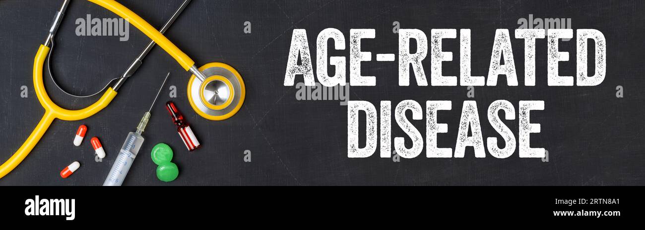Stethoscope and pharmaceuticals on a blackboard - Age-related disease ...