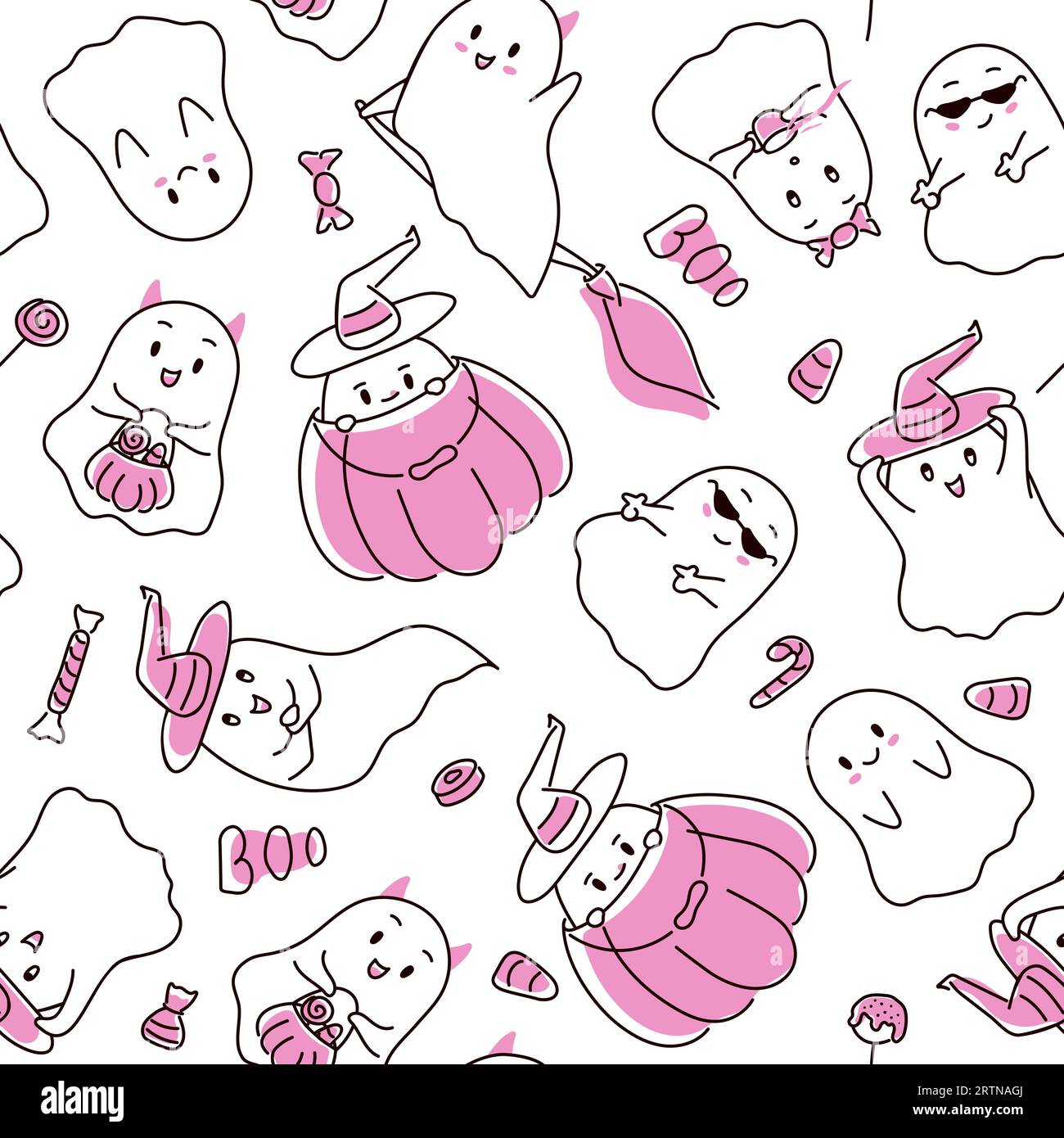 Halloween festive seamless pattern with ghosts in doodle style. Pink ...