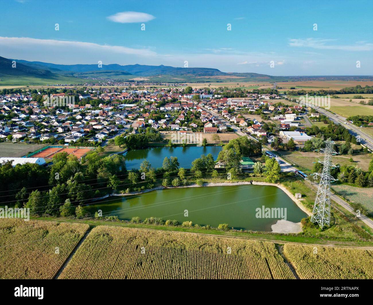 Aerial Panorama of Issenheim Village and Daweid Pond and Corn Fields ...