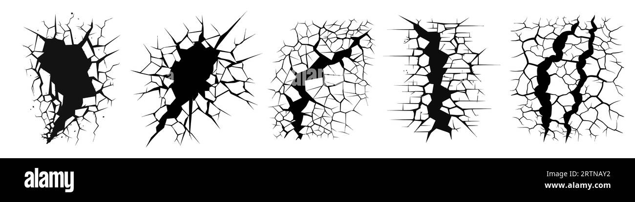 Black silhouettes of wall crack. Fissures top view. Surface damage ...