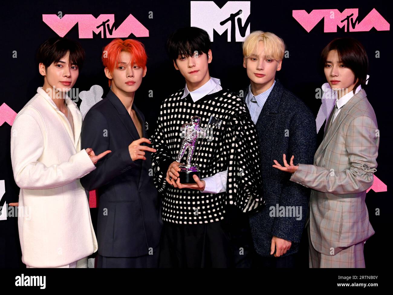 Yeonjun, Soobin, Beomgyu, Taehyun and HueningKai of Tomorrow X Together attending the MTV Video ...
