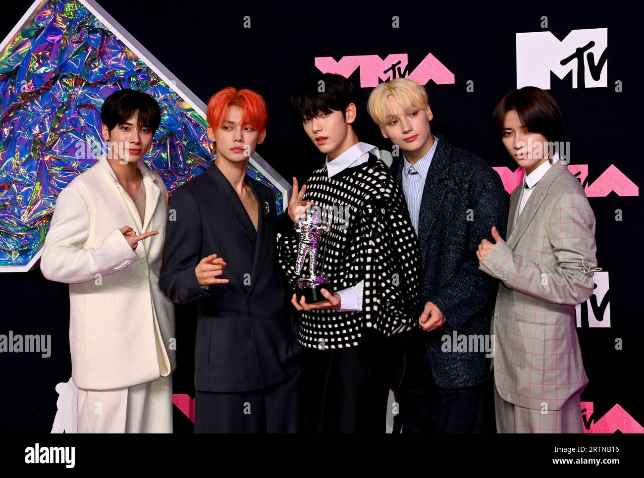 Yeonjun, Soobin, Beomgyu, Taehyun and HueningKai of Tomorrow X Together attending the MTV Video ...
