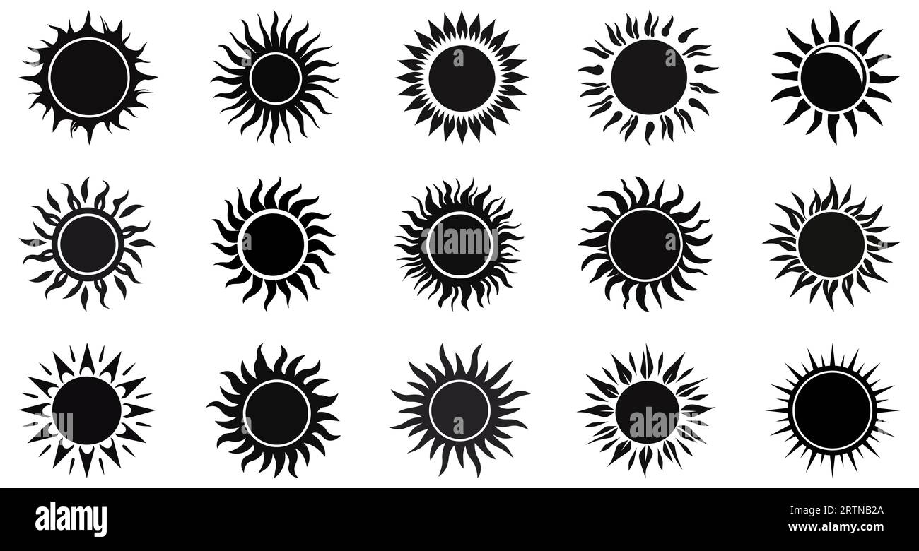 Sun icon. Black sun icon in flat design. Set of sun symbols. Vector ...