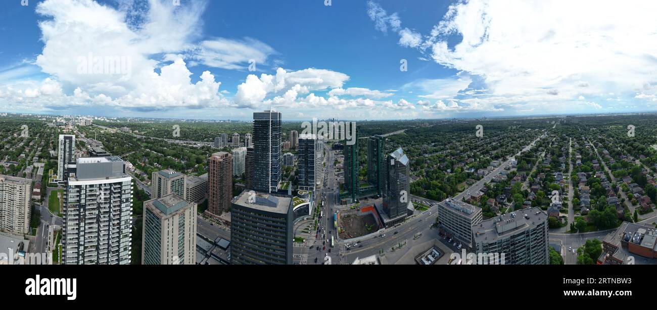 A 360-degree aerial panoramic shot of the bustling intersection of ...