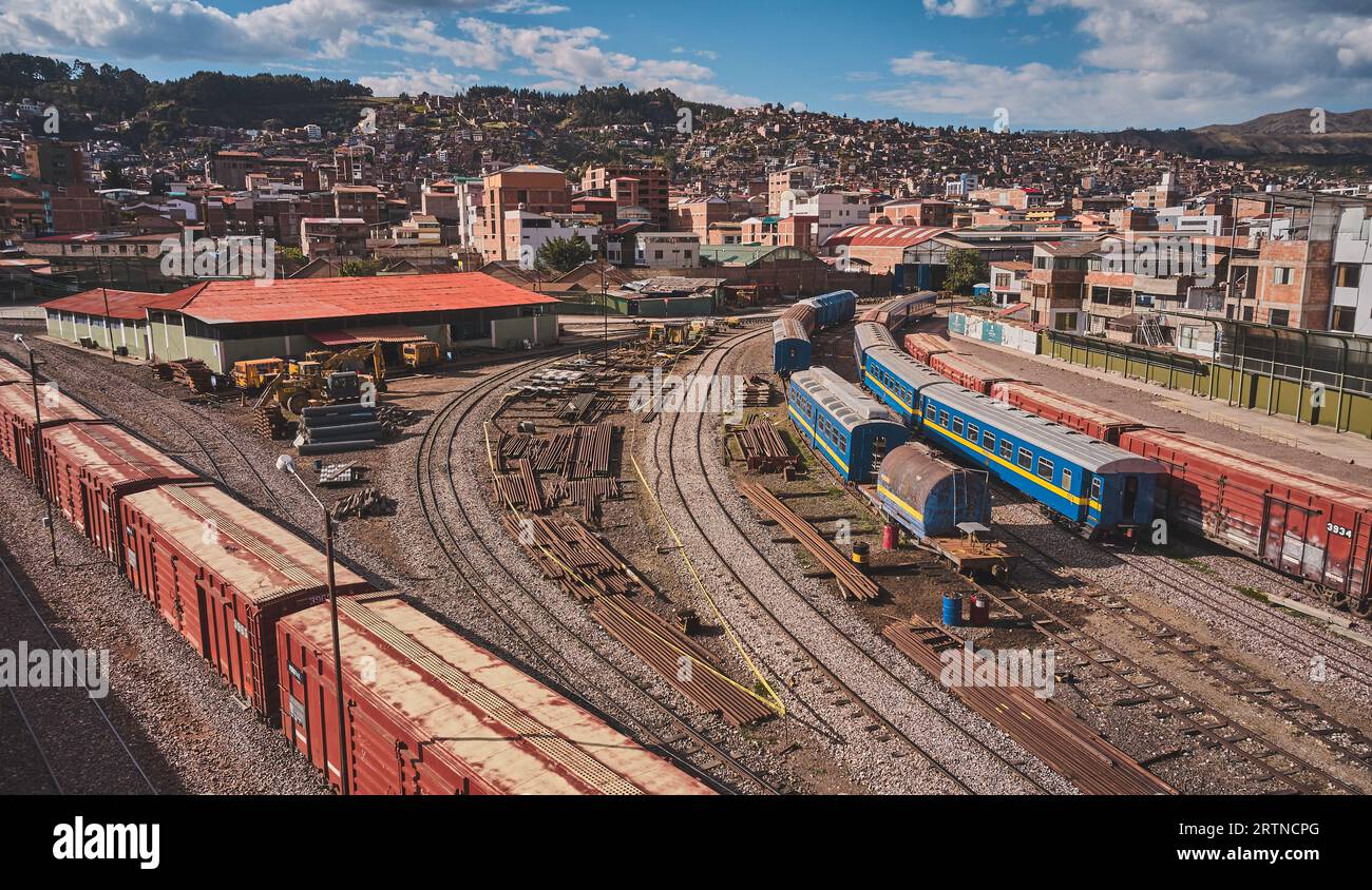 Panoramic view of a railway station Wanchaq, Peru Rail, Cusco Peru ...