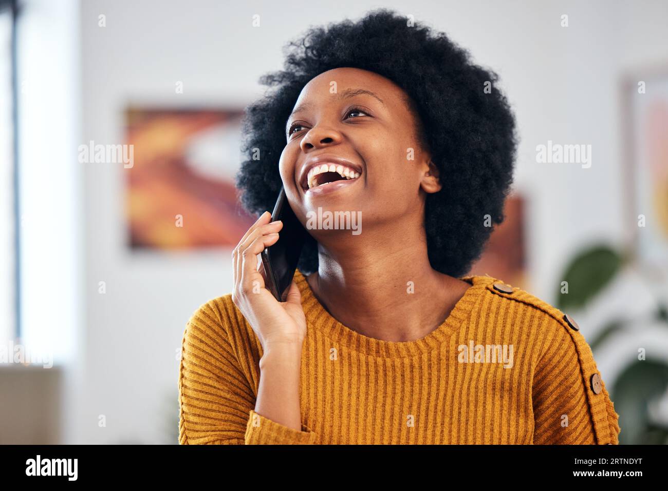 Funny black woman in phone call, talking and conversation with contact ...