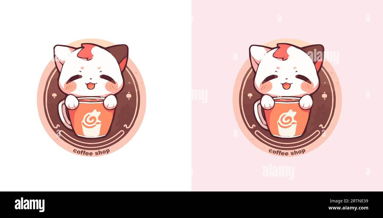 Coffee shop logo design with cute cat and flowers template. Original ...