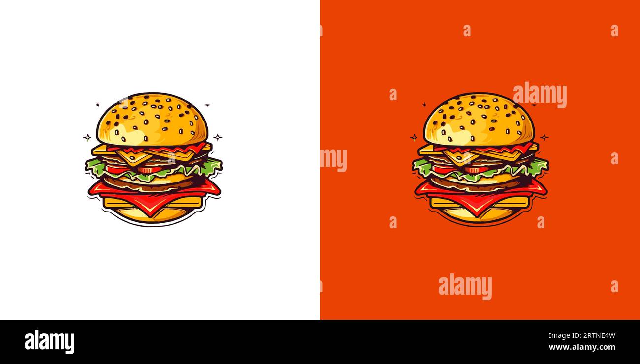 Hand drawn set of vector burger logos on white and red background ...