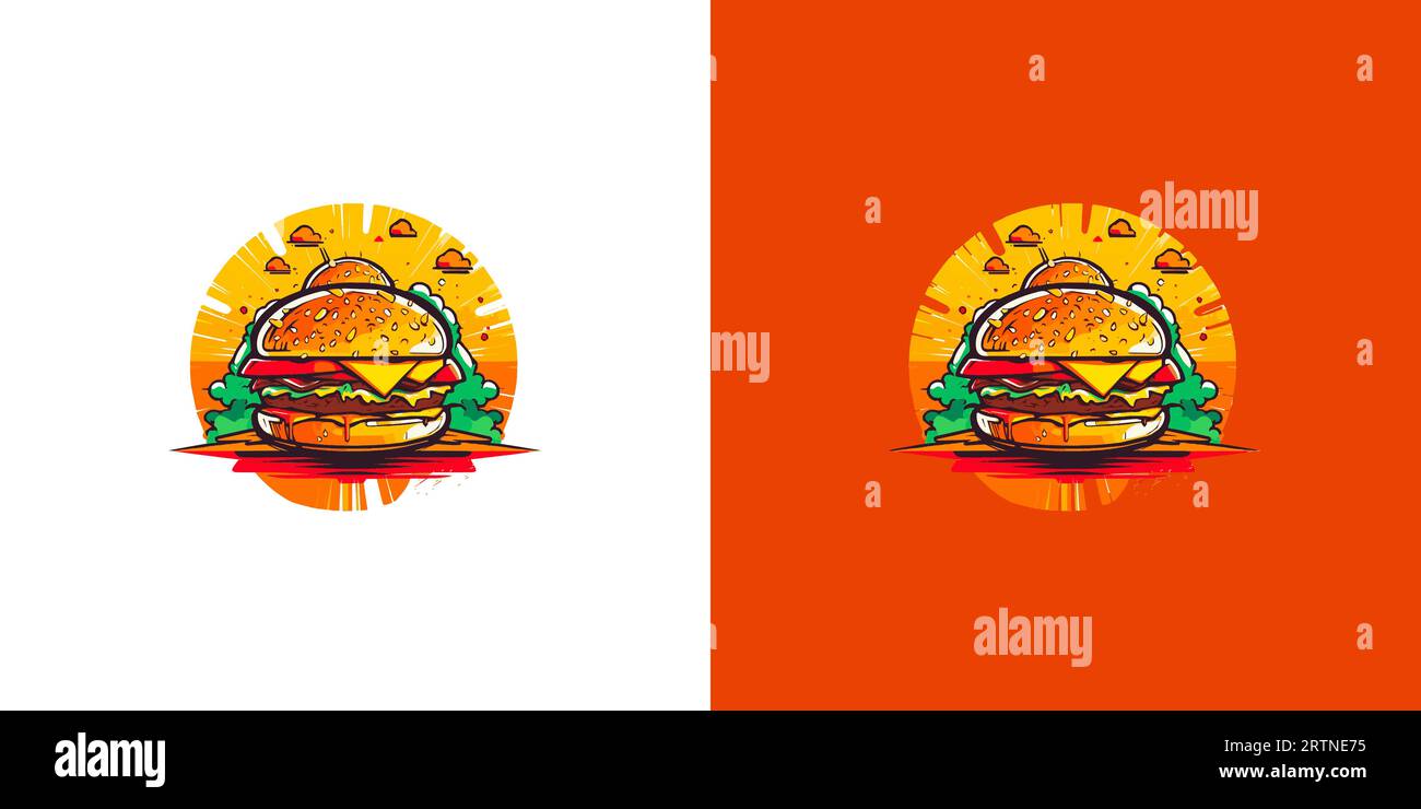 Hand drawn set of vector burger logos on white and red background ...