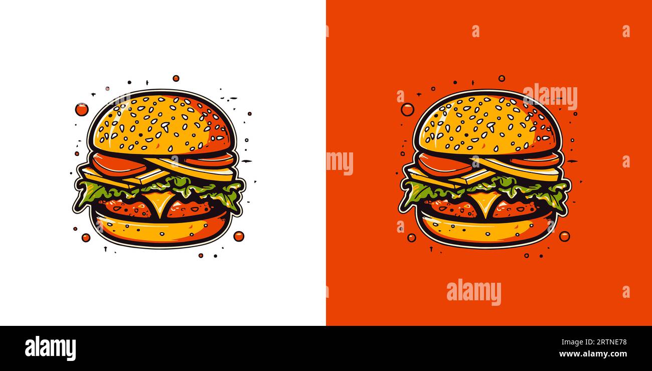 Hand drawn set of vector burger logos on white and red background ...