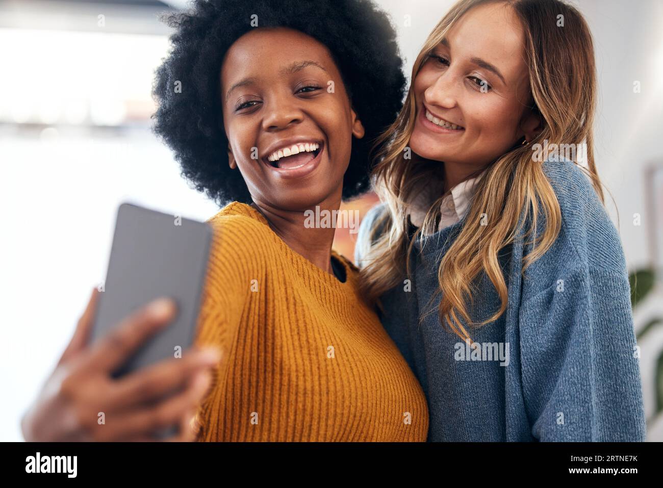 Friends, selfie and women in home with social media, diversity and ...