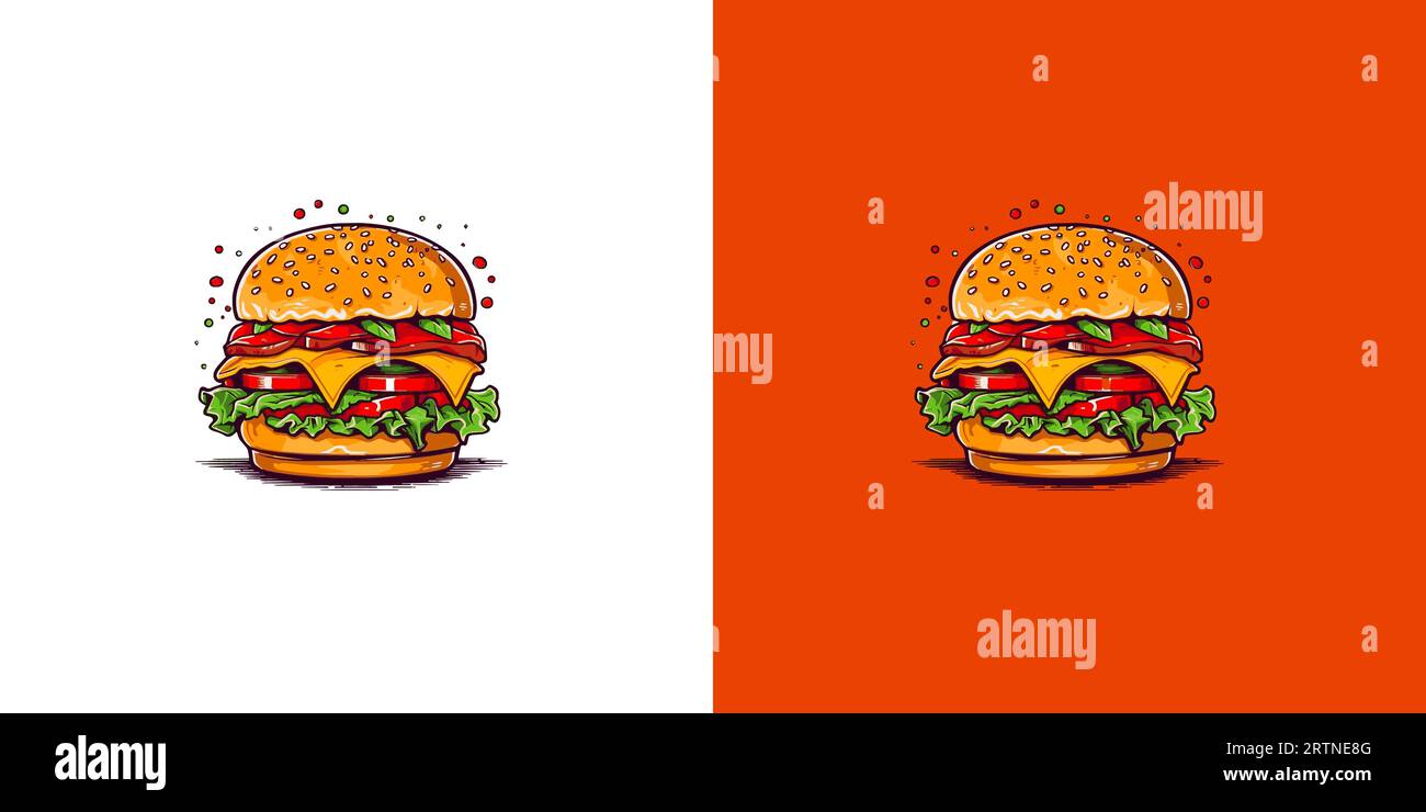 Hand drawn set of vector burger logos on white and red background ...