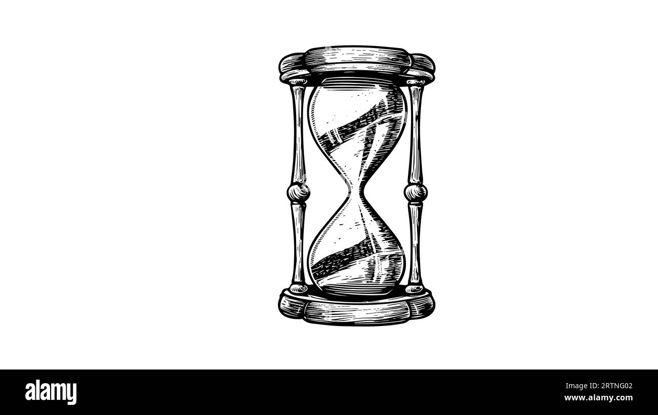 Sand watch glass engraving vector illustration. Hourglass hand drawing ...