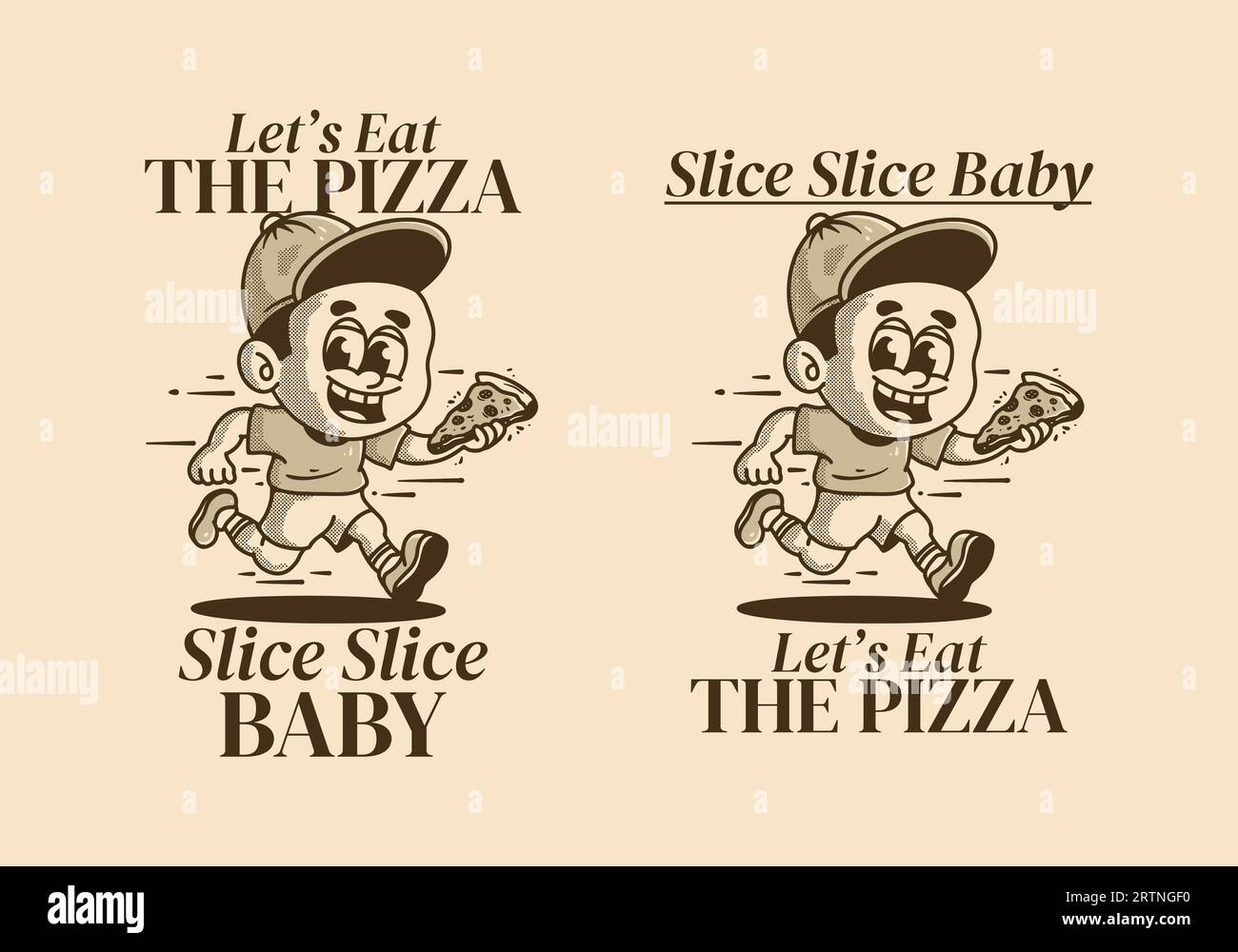 Let's eat the pizza, a little boy running and holding a slice of pizza ...