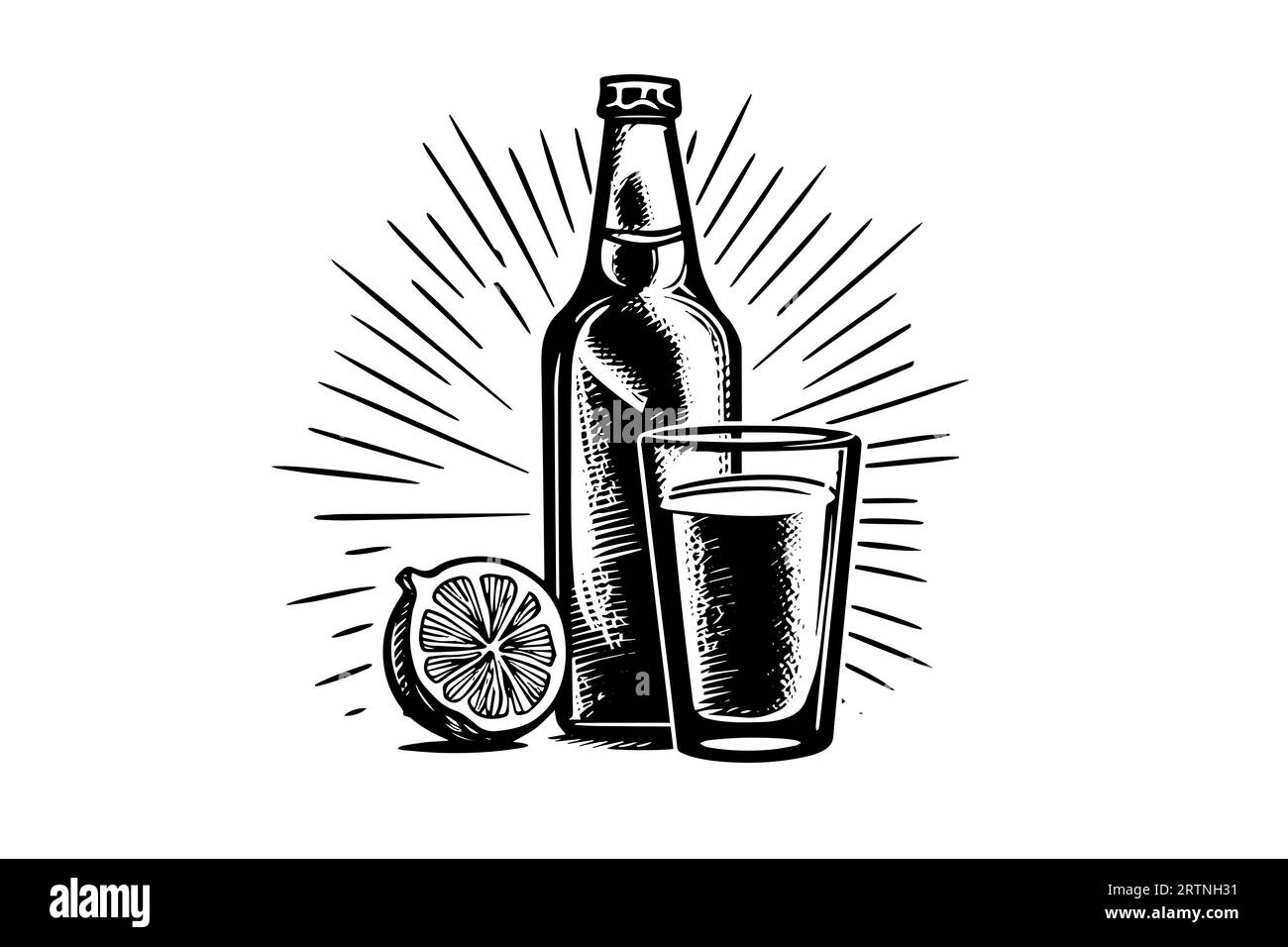 Soda bottle with glass and lemon. Ink sketch of lemonade isolated on ...