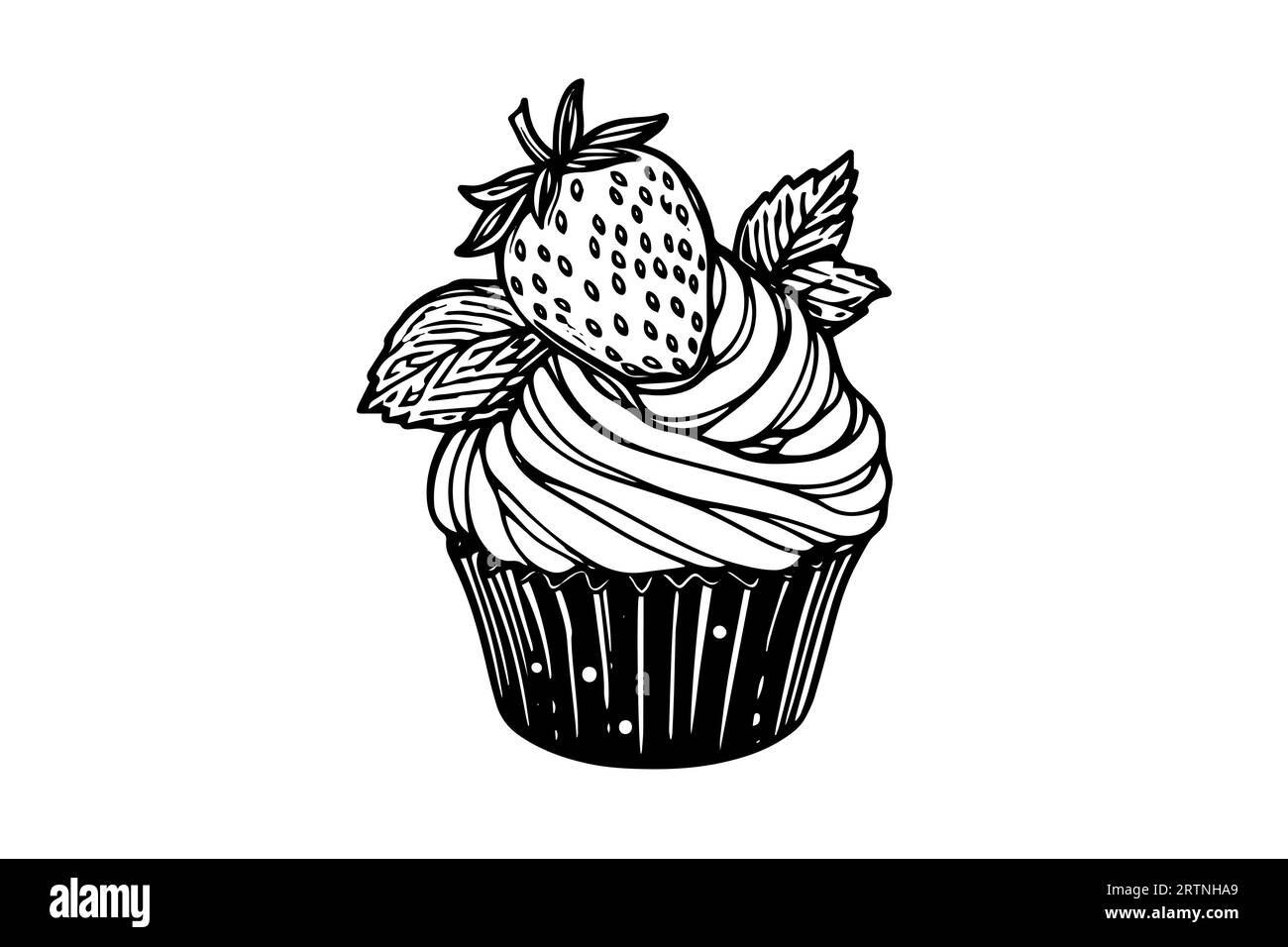 Cupcake with berries in engraving style. Ink sketch isolated on white background. Hand drawn ...