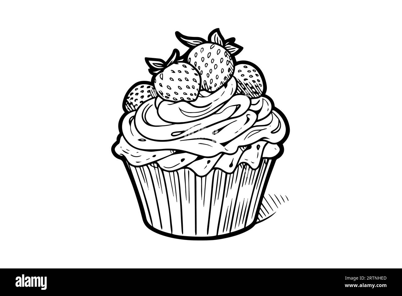 Cupcake with berries in engraving style. Ink sketch isolated on white background. Hand drawn ...