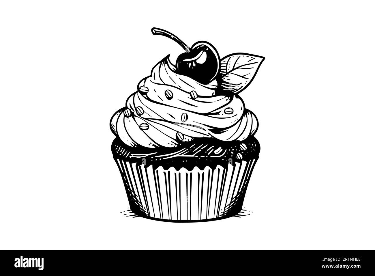 Cupcake with berries in engraving style. Ink sketch isolated on white background. Hand drawn ...