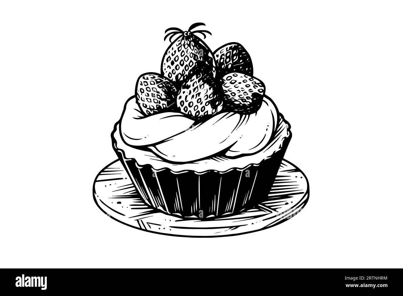 Cupcake with berries in engraving style. Ink sketch isolated on white background. Hand drawn ...