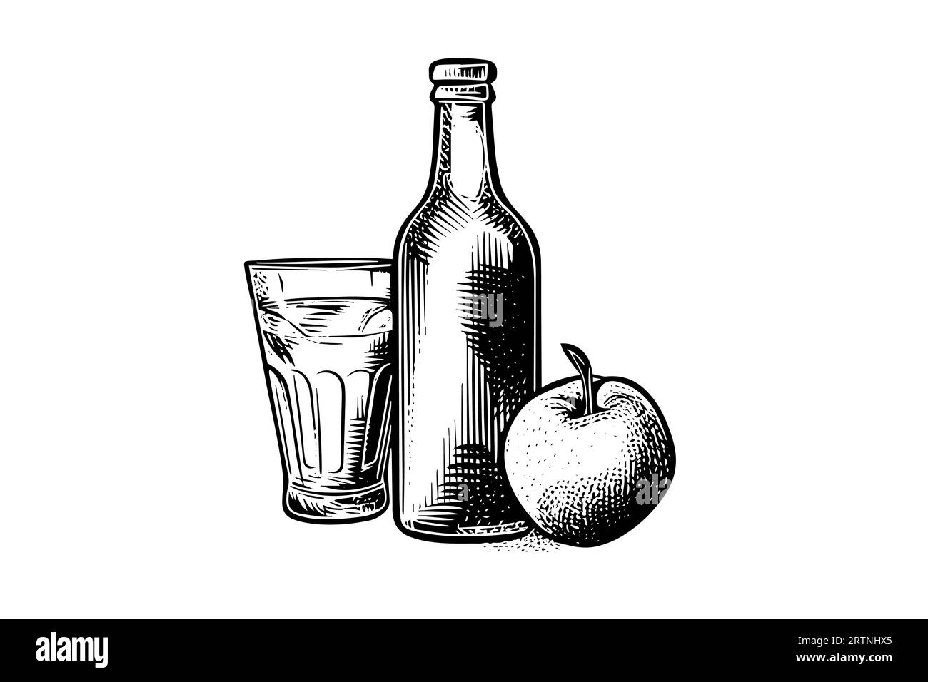 Soda bottle with glass. Ink sketch of apple cider isolated on white ...