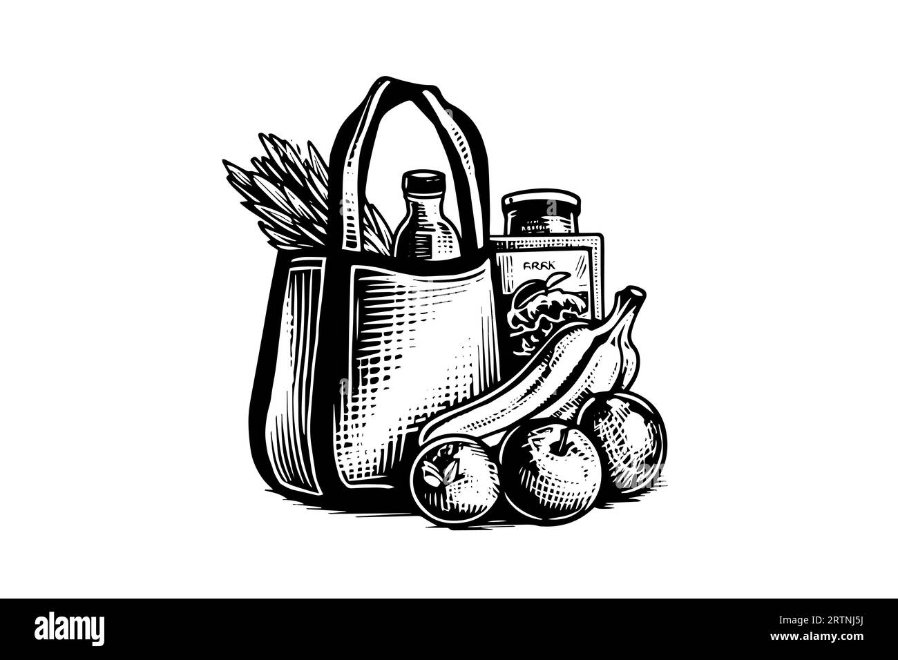 Grocery bag full of food and juice engraving sketch vector hand-drawn ...