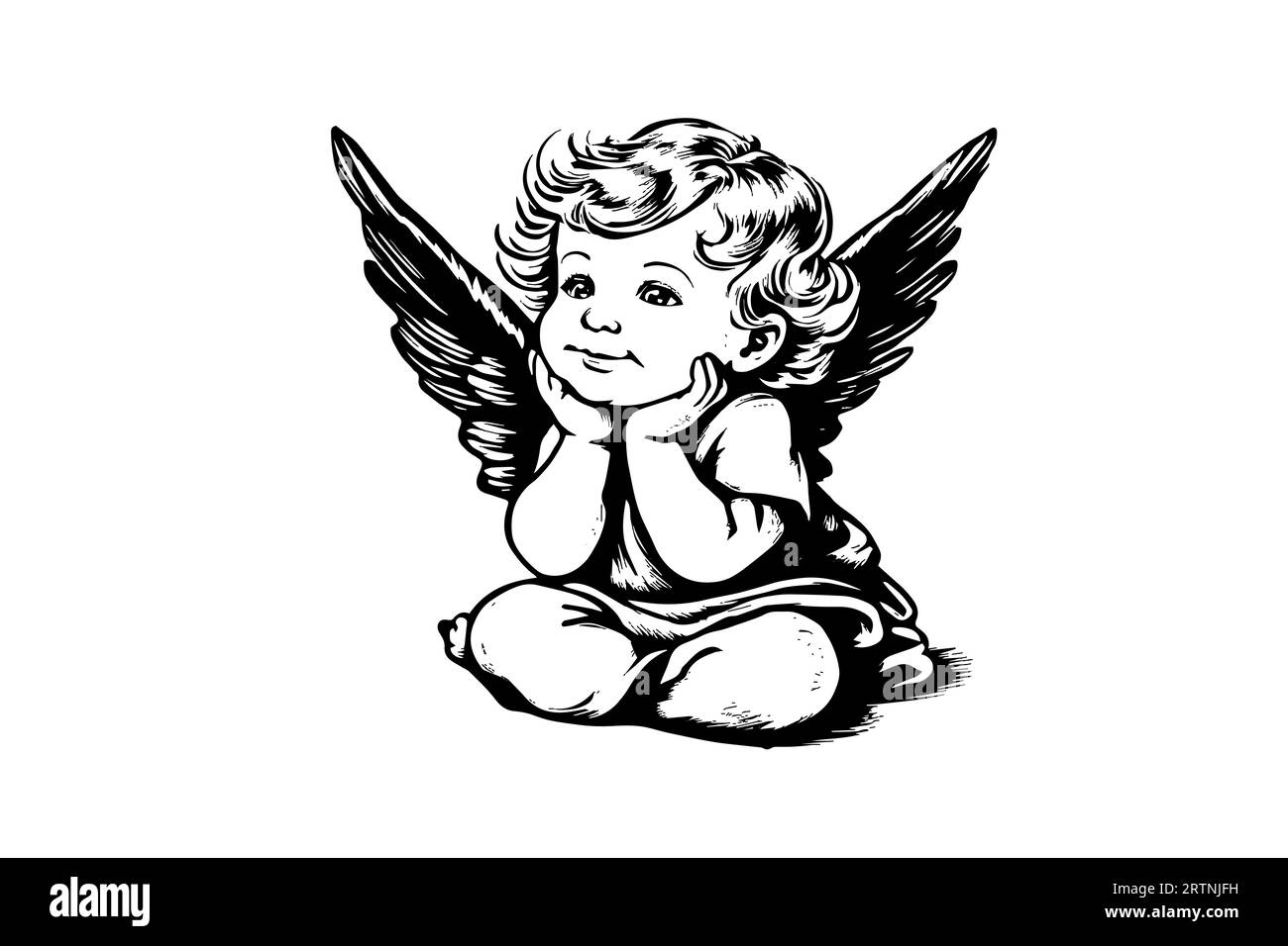 Little angel vector retro style engraving black and white illustration ...