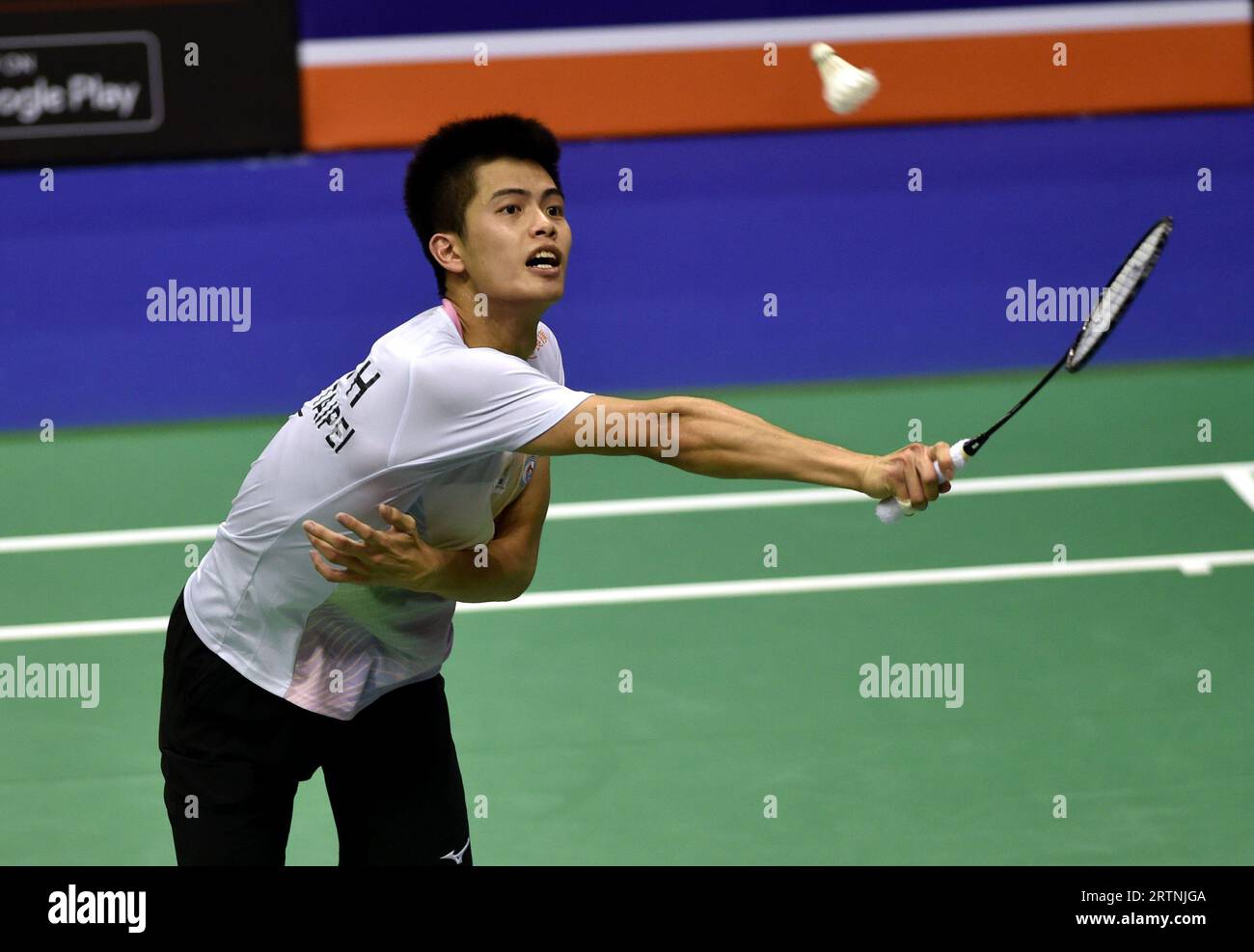Hong Kong. 14th Sep, 2023. Lee Chia Hao of Chinese Taipei hits a return to Lee Zii Jia of ...