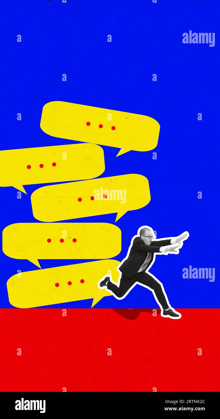 Poster. Contemporary art collage. Scared black white gamma businessman ...