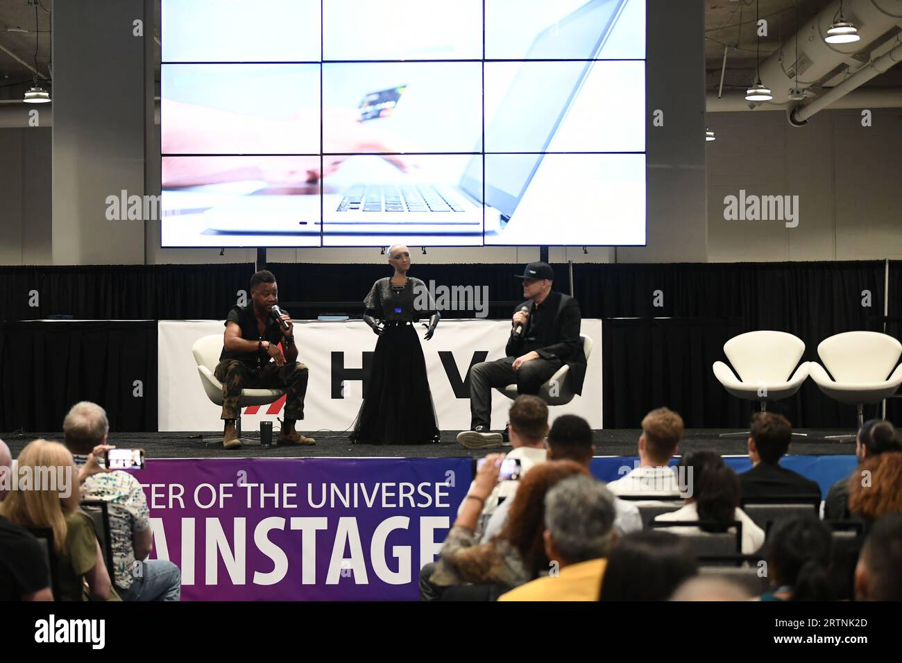 (L-R) Actor Cuba Gooding Jr., Sophie the robot and actor Mars Callahan ...
