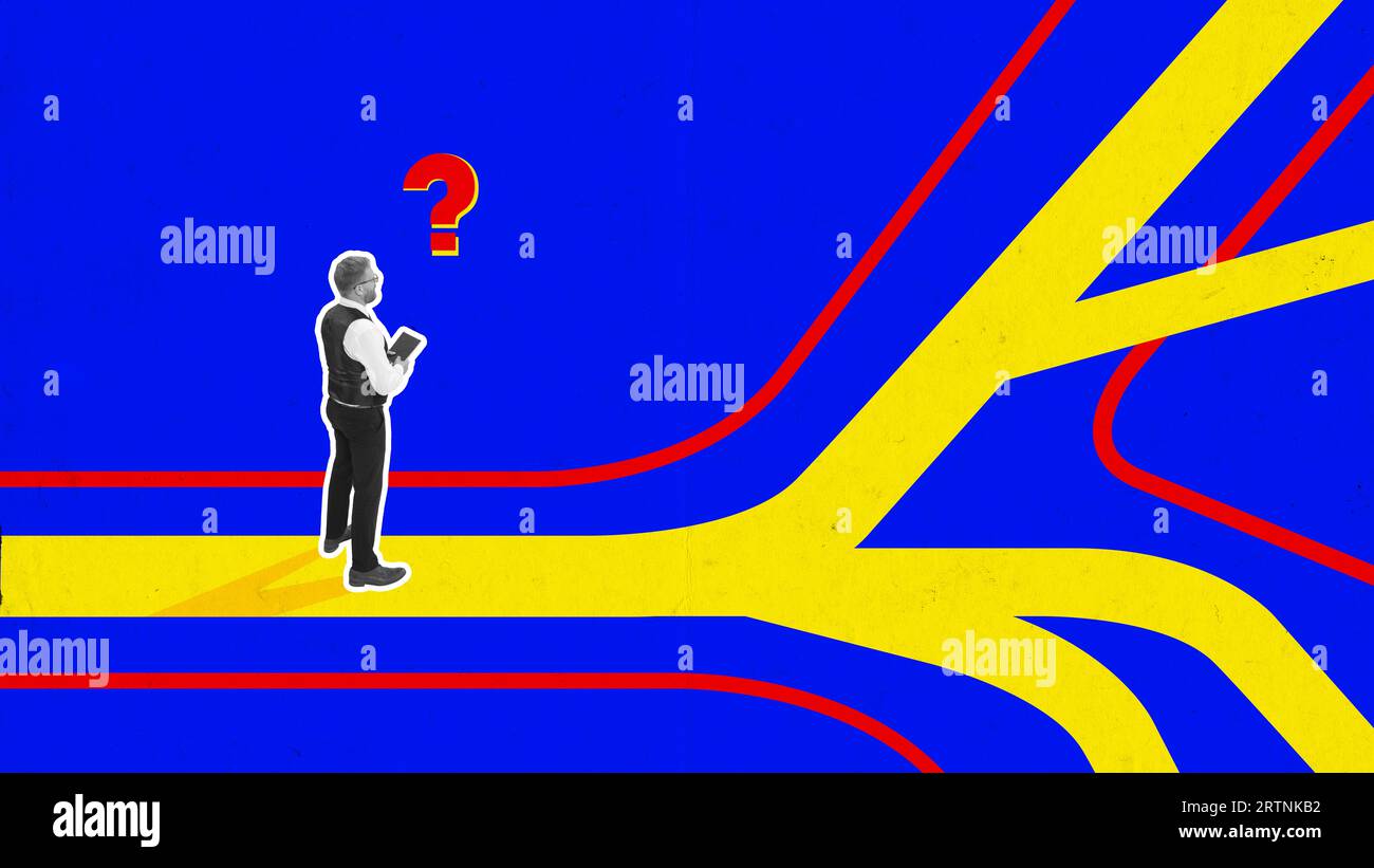 Poster. Contemporary art collage. Scared monochrome gamma businessman ...