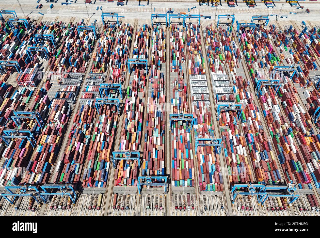An aerial view of the container dockyard in a port in Qingdao in east ...