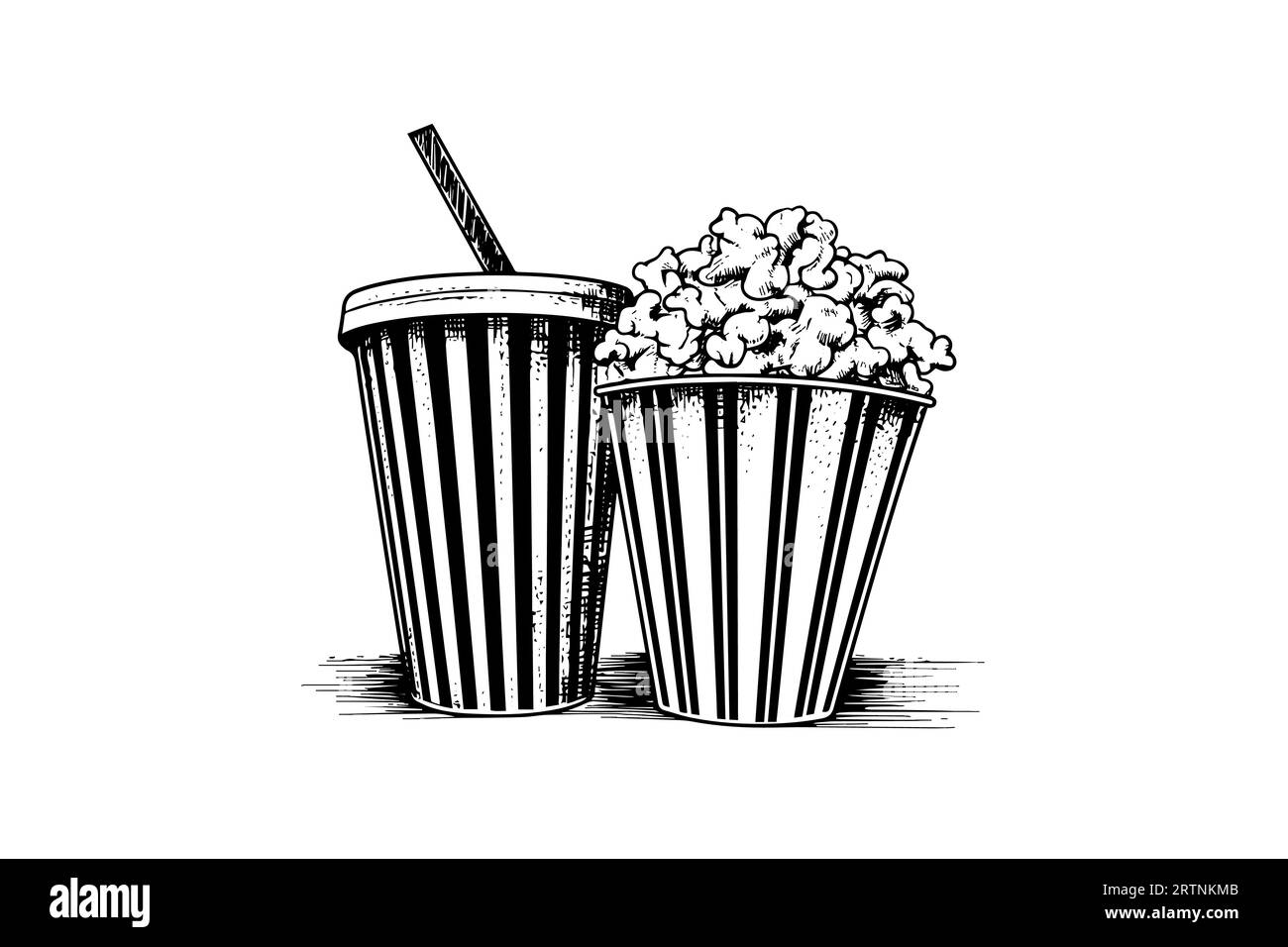 Popcorn in box and cola engraving ink vector illustration , line art ...