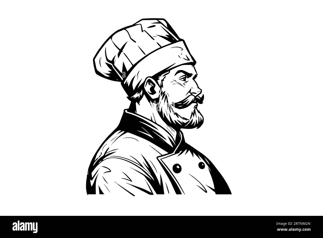 Chef in a hat side view logotype engraving style vector illustration ...