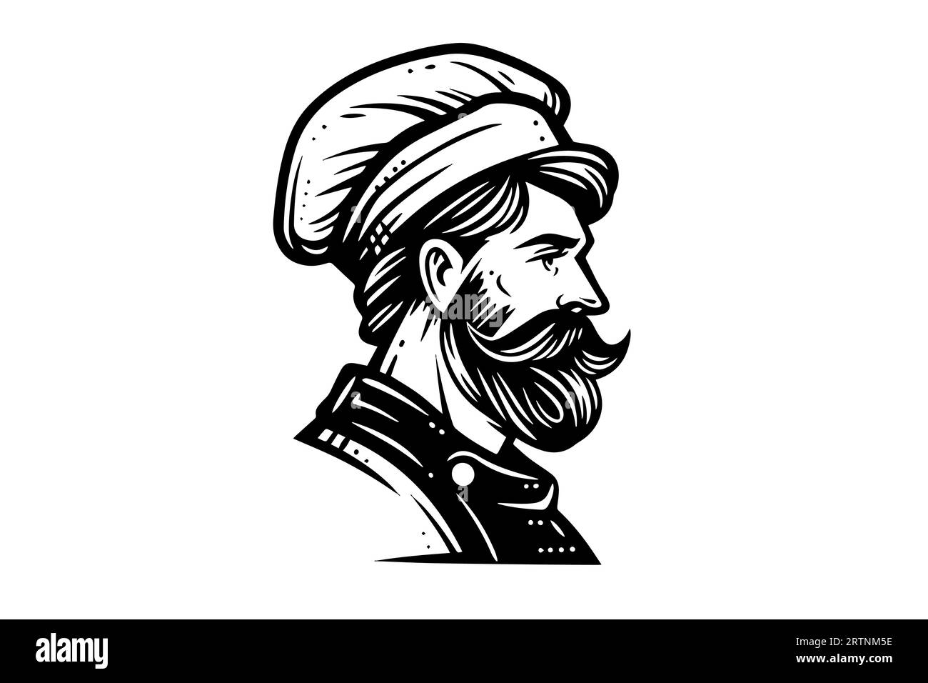 Chef in a hat side view logotype engraving style vector illustration ...
